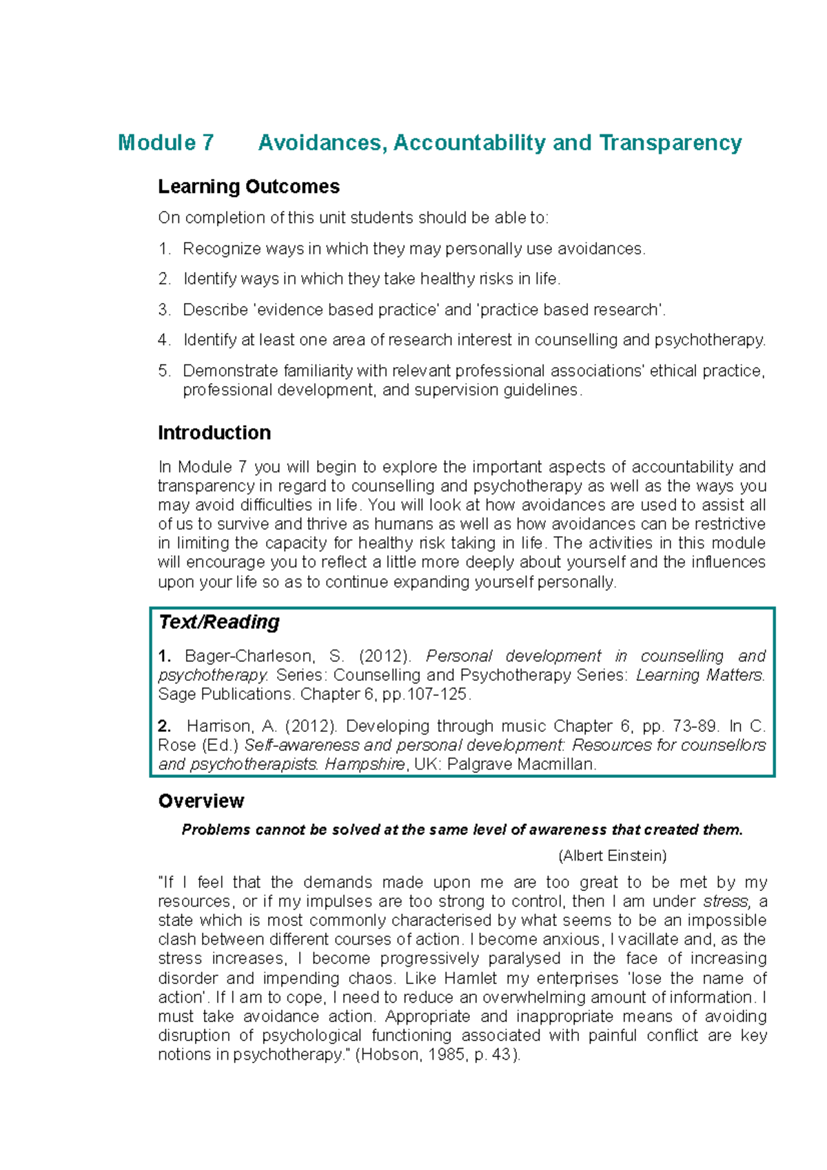 COU3102 Self Development 2 Module 7 - Module 7 Avoidances ...