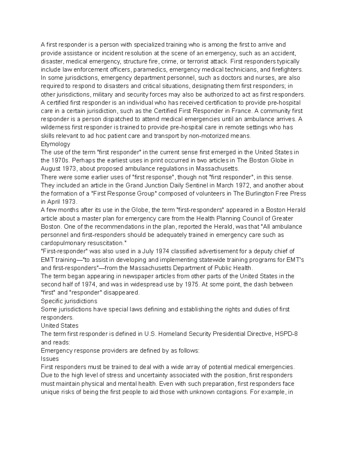 FR - essay - A first responder is a person with specialized training ...