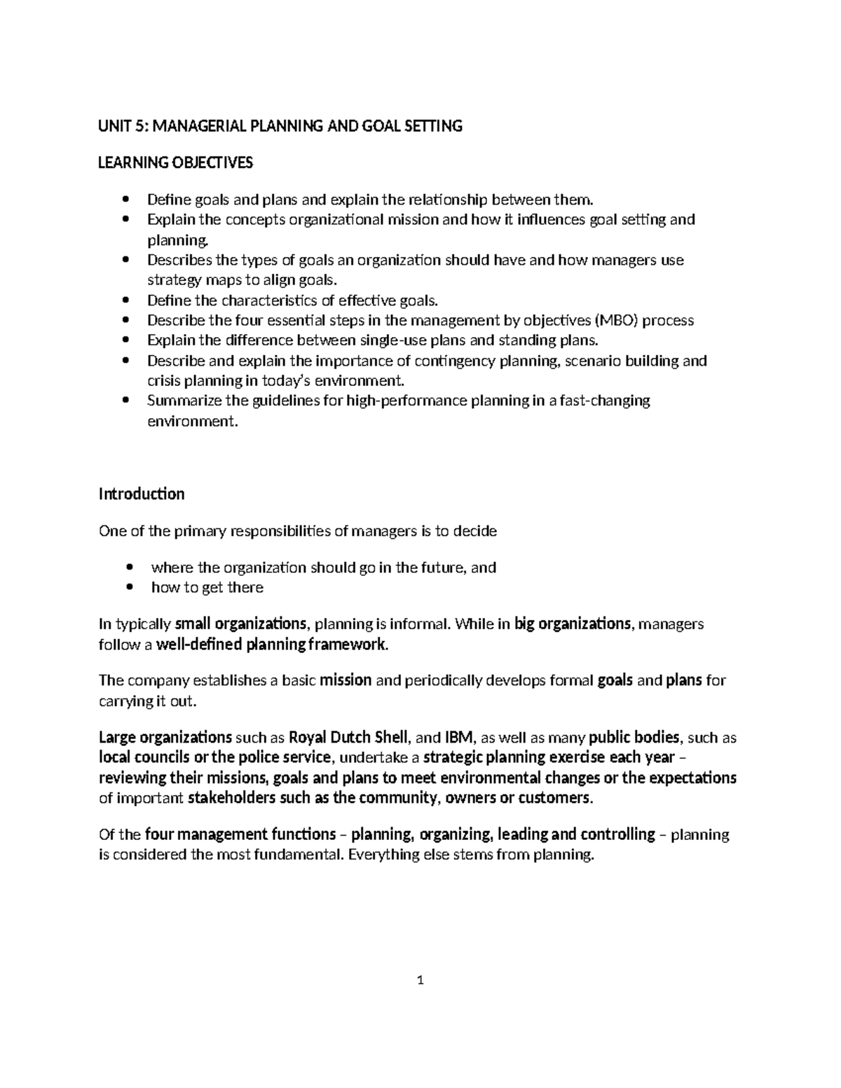Unit 5 - Managerial Planning and Goal Setting B - UNIT 5: MANAGERIAL ...