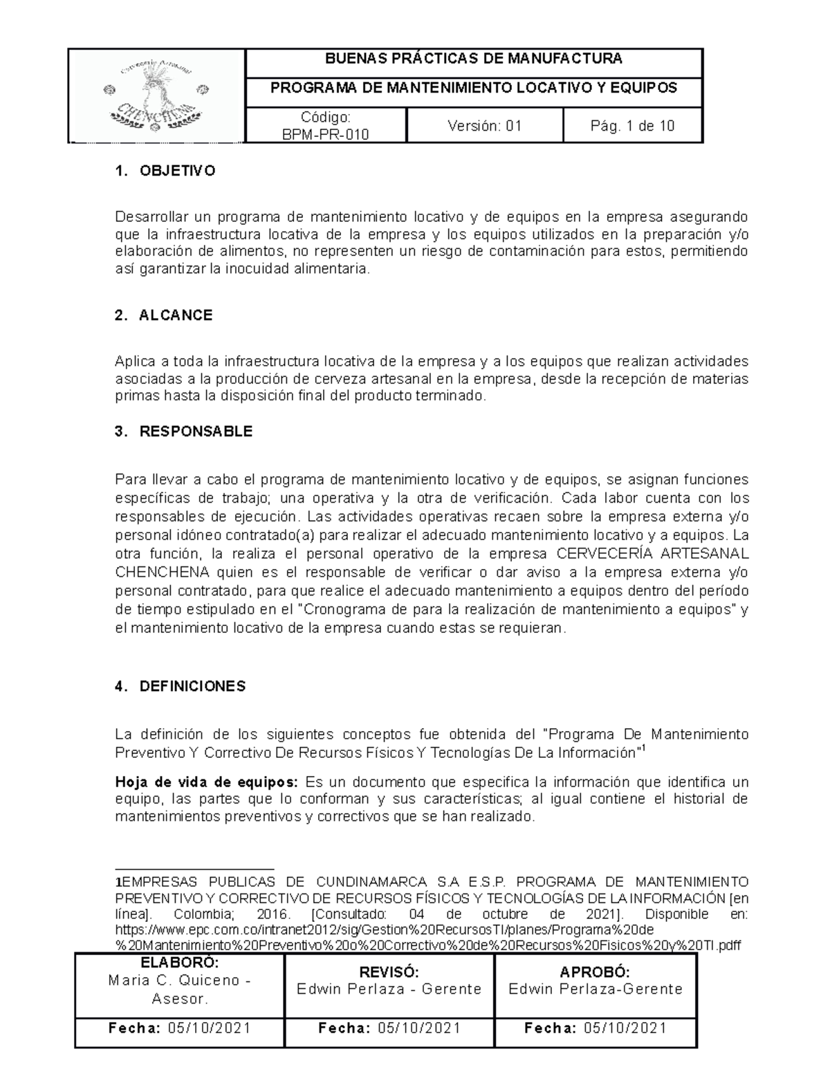 Anexo 16. BPM-PR-010 Programa Mantenimiento Locativo - PROGRAMA DE ...