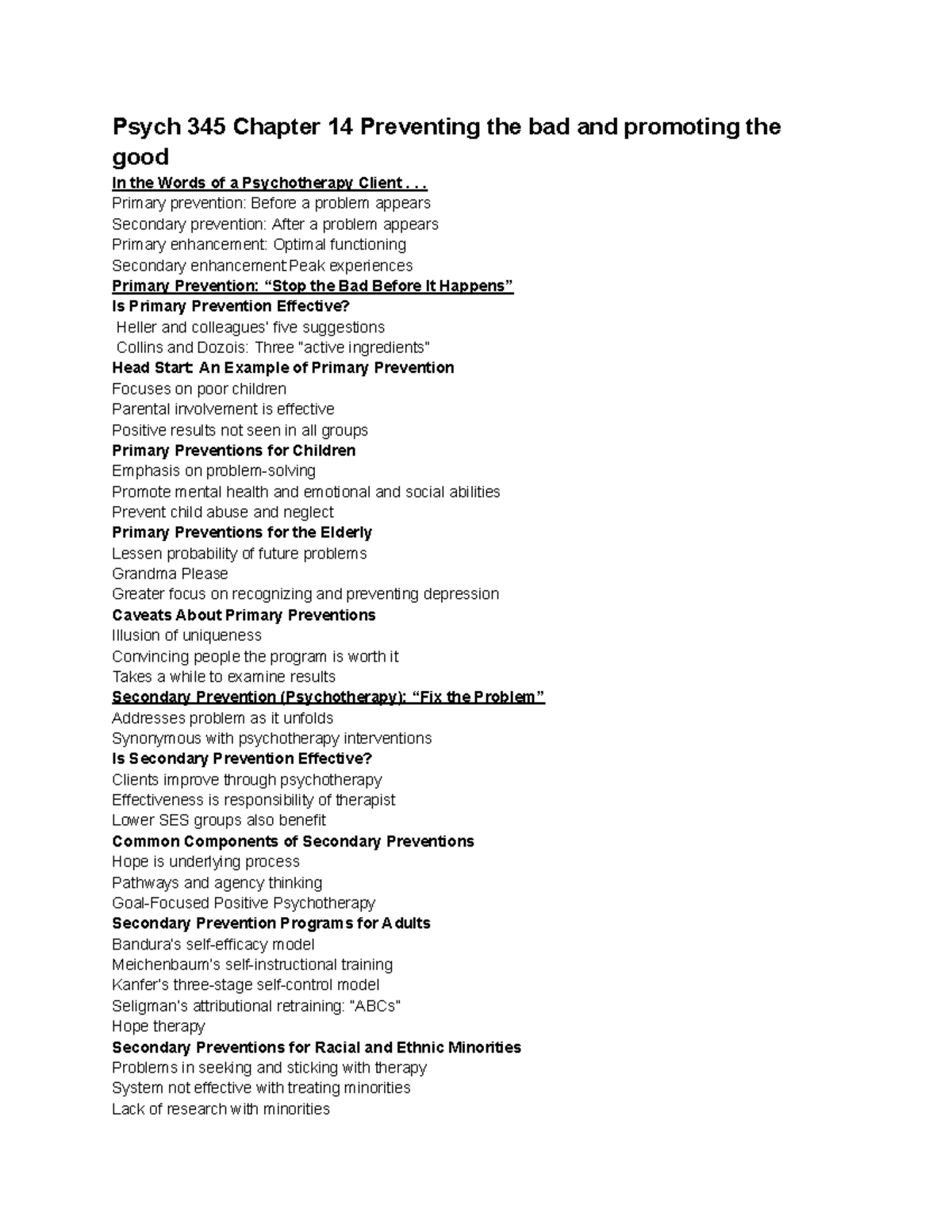 Psych 345 Chapter 14 - Psych 345 Chapter 14 Preventing the bad and ...