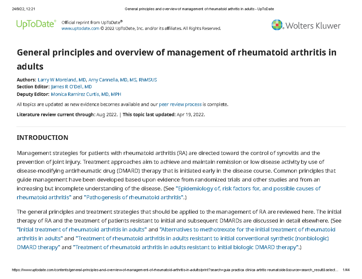 General principles and overview of management of rheumatoid arthritis ...