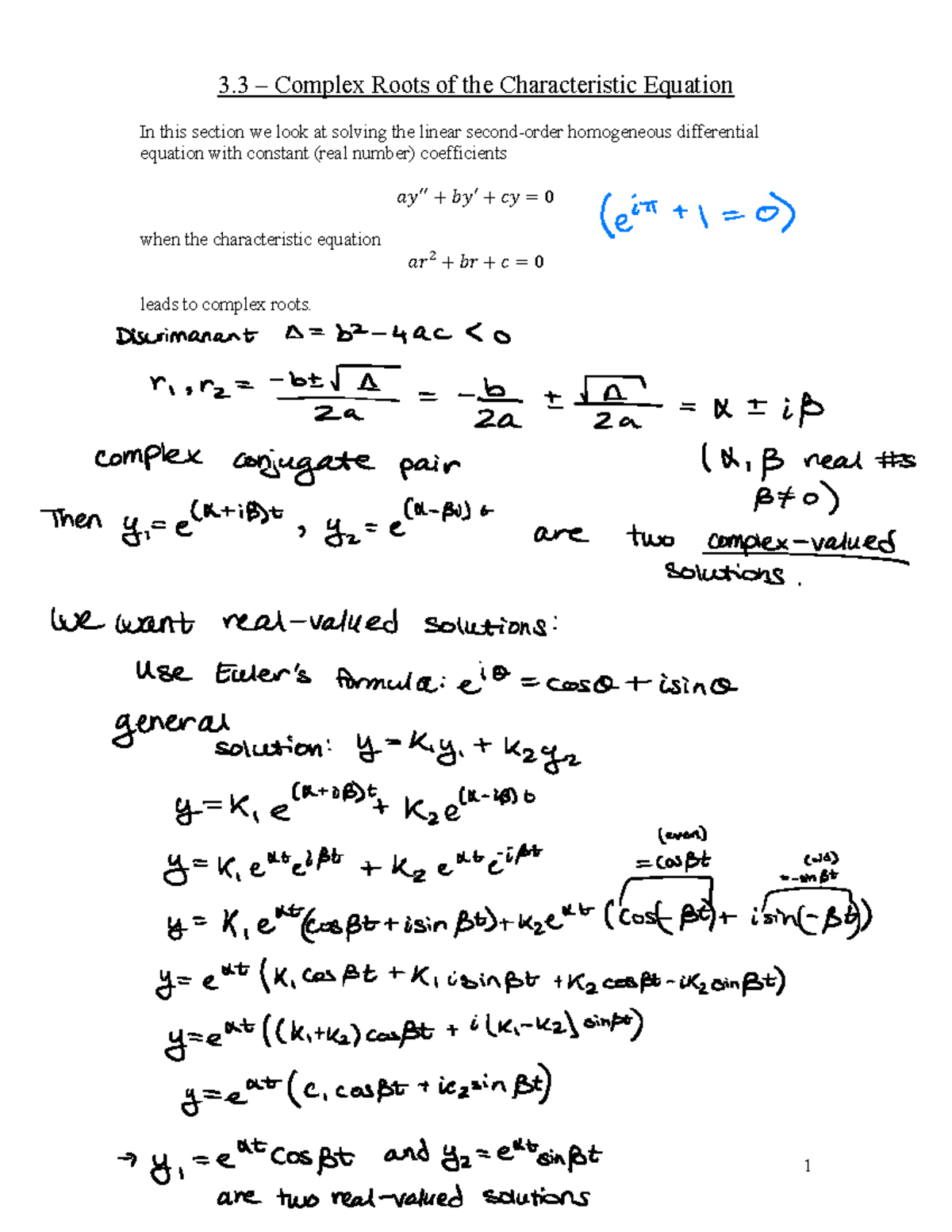 3.3 notes - 1 3 3 Complex Roots of the Characteristic Equation In this ...