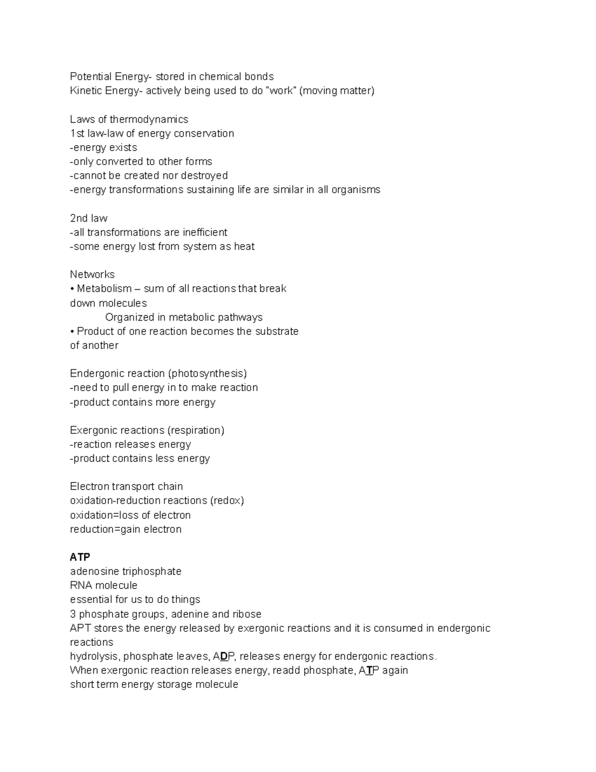 Ch 4- energy of life - biology - Potential Energy- stored in chemical ...