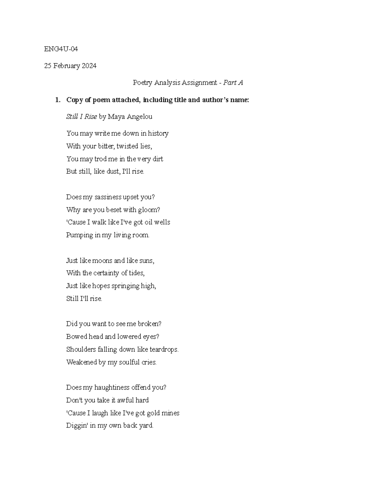 Unit 2 Lesson 7 - Poetry Unit Assignment - ENG4U- 25 February 2024 ...