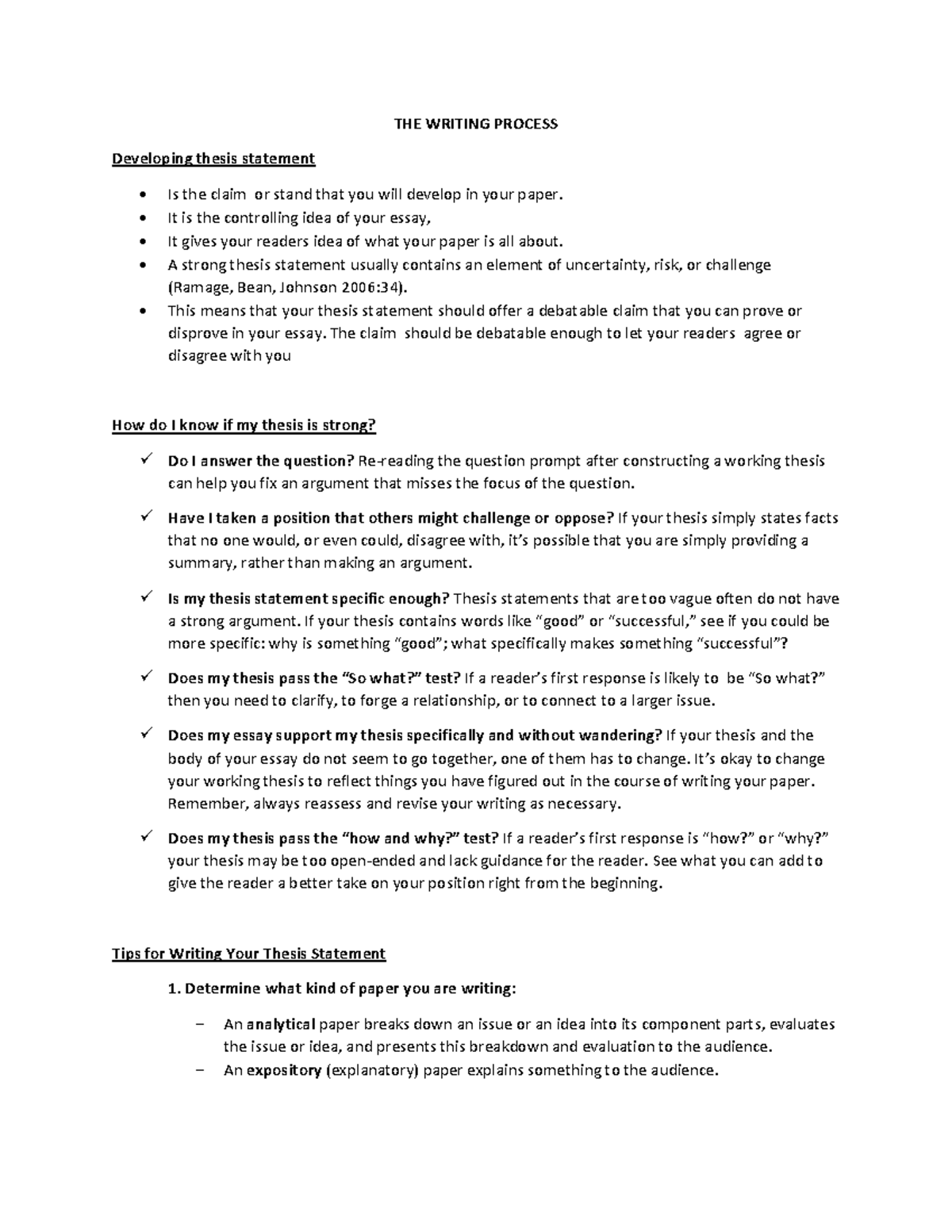 THE Writing Process - THE WRITING PROCESS Developing thesis statement ...