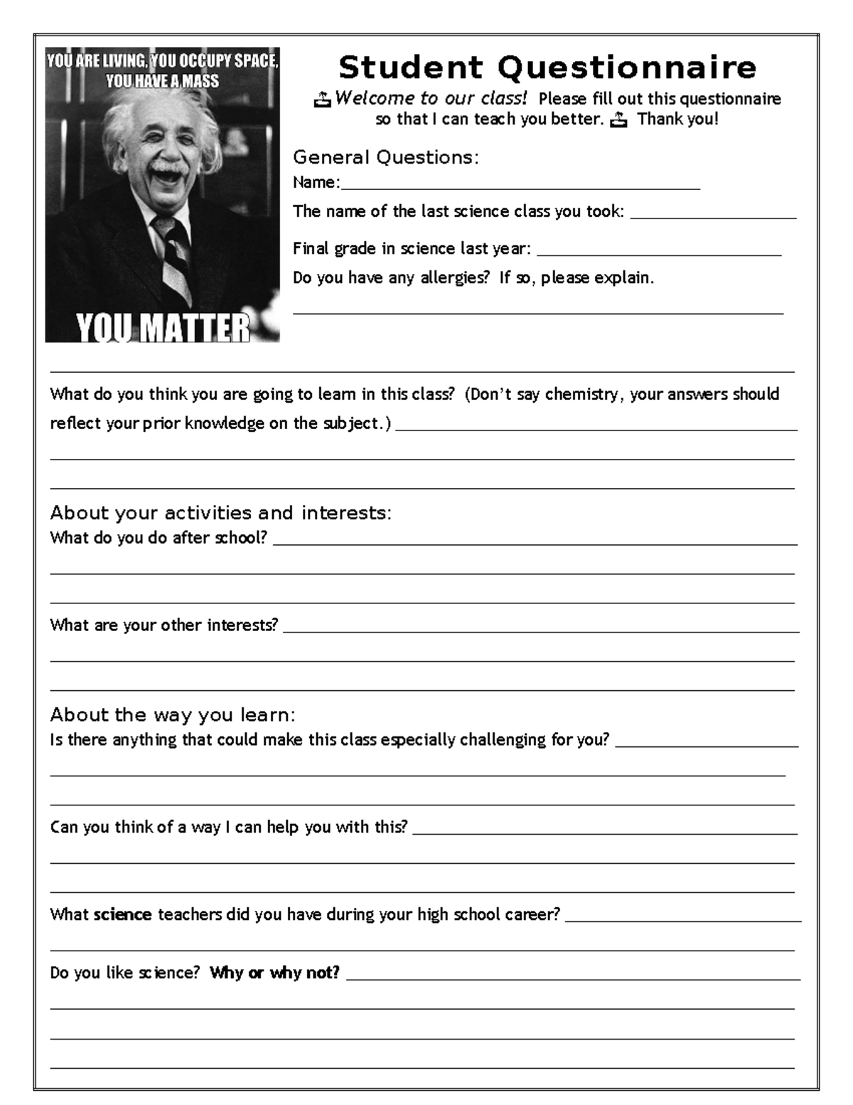 ~First day - Student Questionnaire - Student Questionnaire Welcome to ...