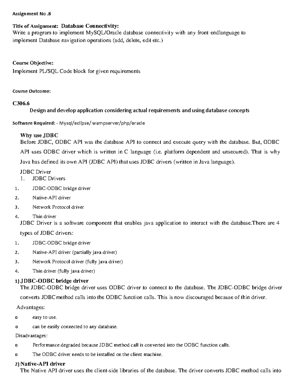 Assignment-no- 8 - DBMS Lab - Assignment No. Title of Assignment: Database Connectivity: Write a ...