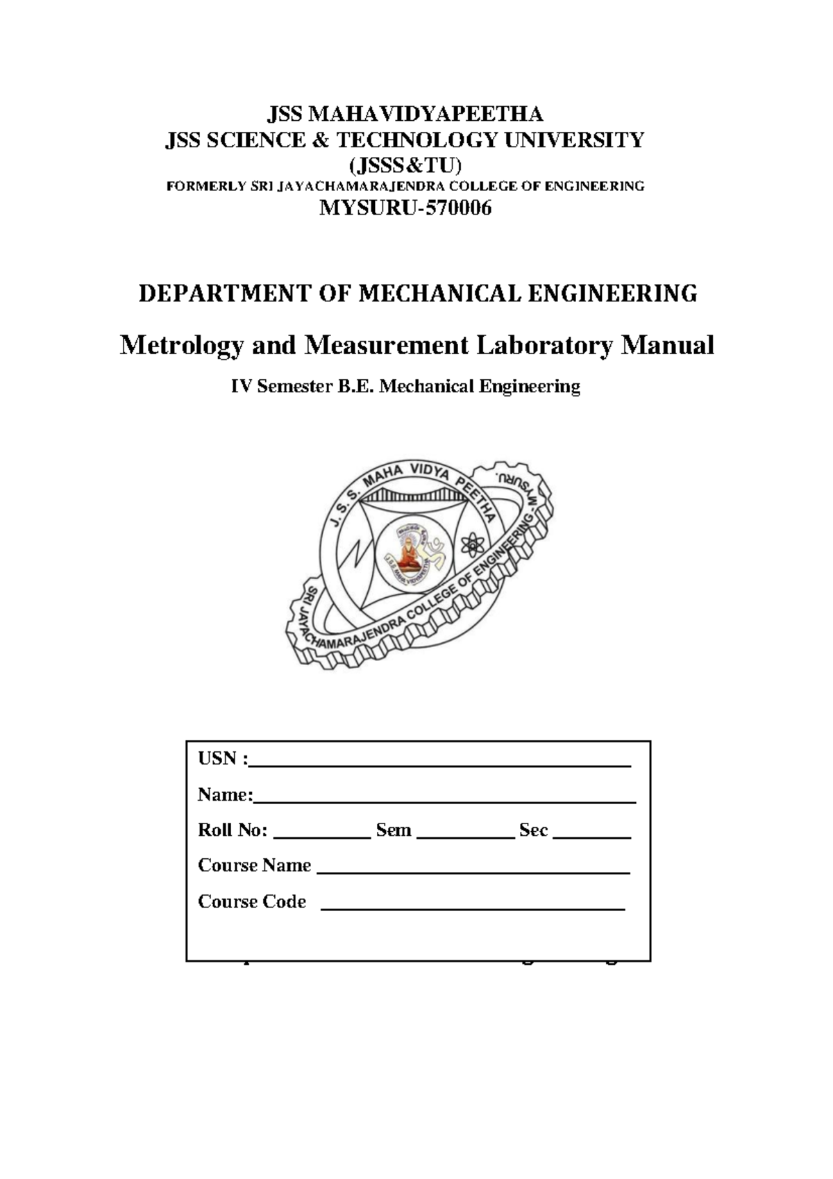 Metrology and Measurement Laboratory Manual - JSS MAHAVIDYAPEETHA JSS ...