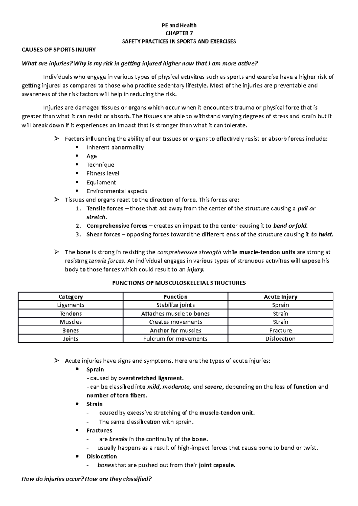 Lecture 1 PE-and-Health - PE and Health CHAPTER 7 SAFETY PRACTICES IN ...