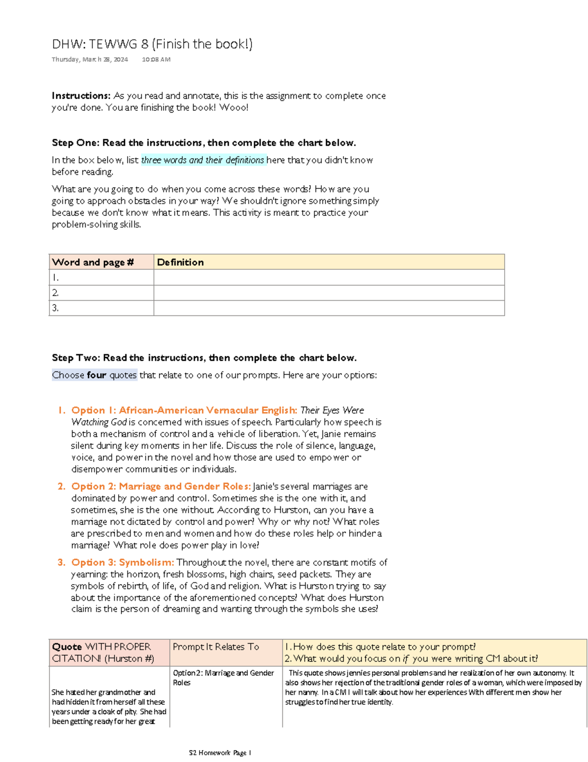DHW Tewwg 8 (Finish the book) - Instructions: As you read and annotate ...