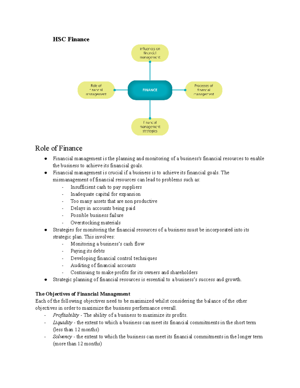Business - Finance - HSC Finance Role of Finance Financial management ...