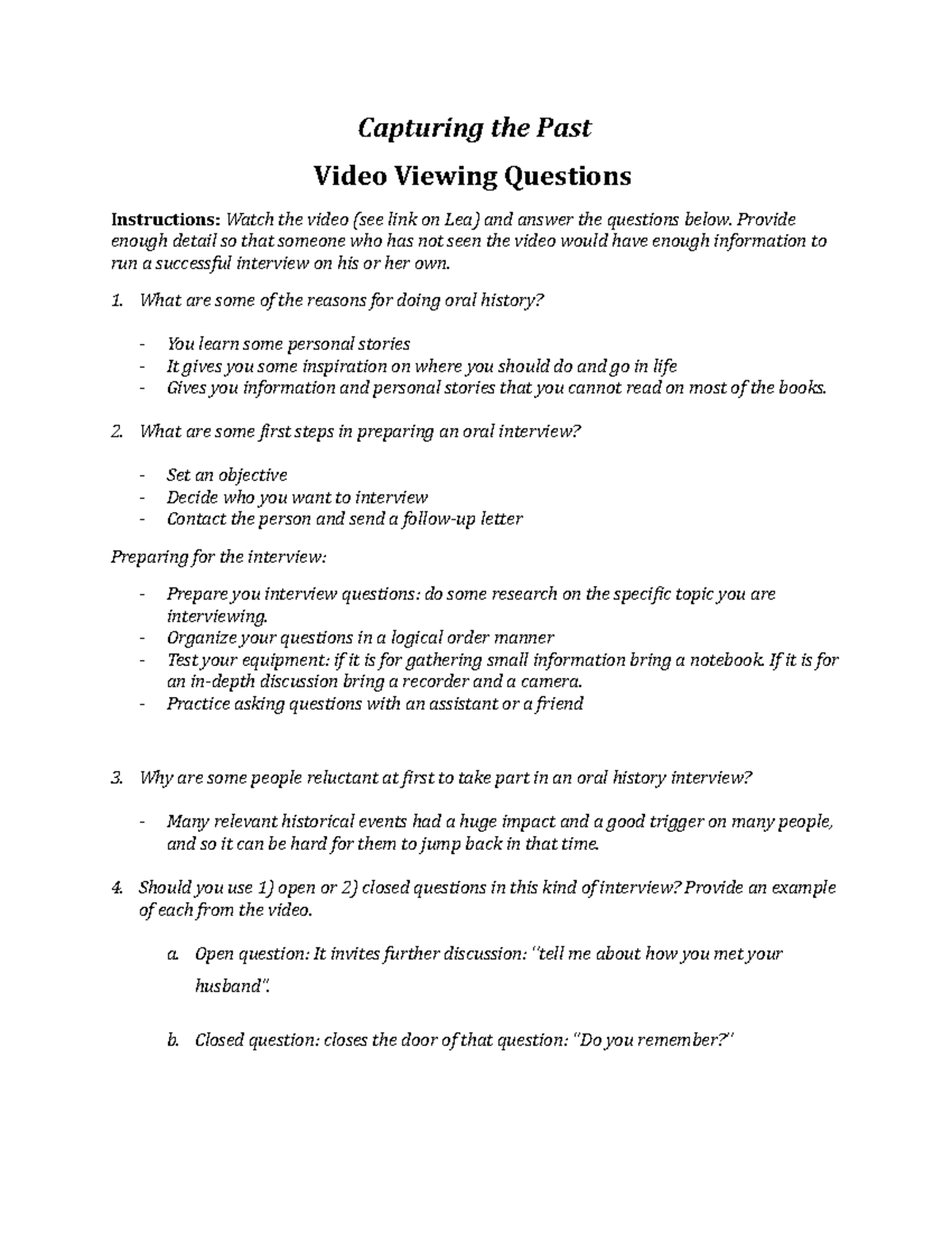 Capturing the past - Capturing the Past Video Viewing Questions Instructions: Watch the video ...