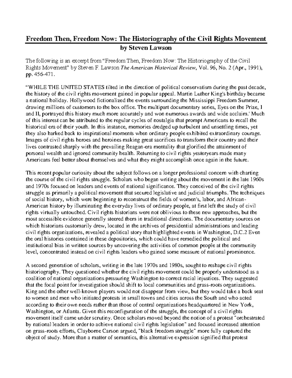 Historiography of the Civil Rights Movement - Lawson The American ...