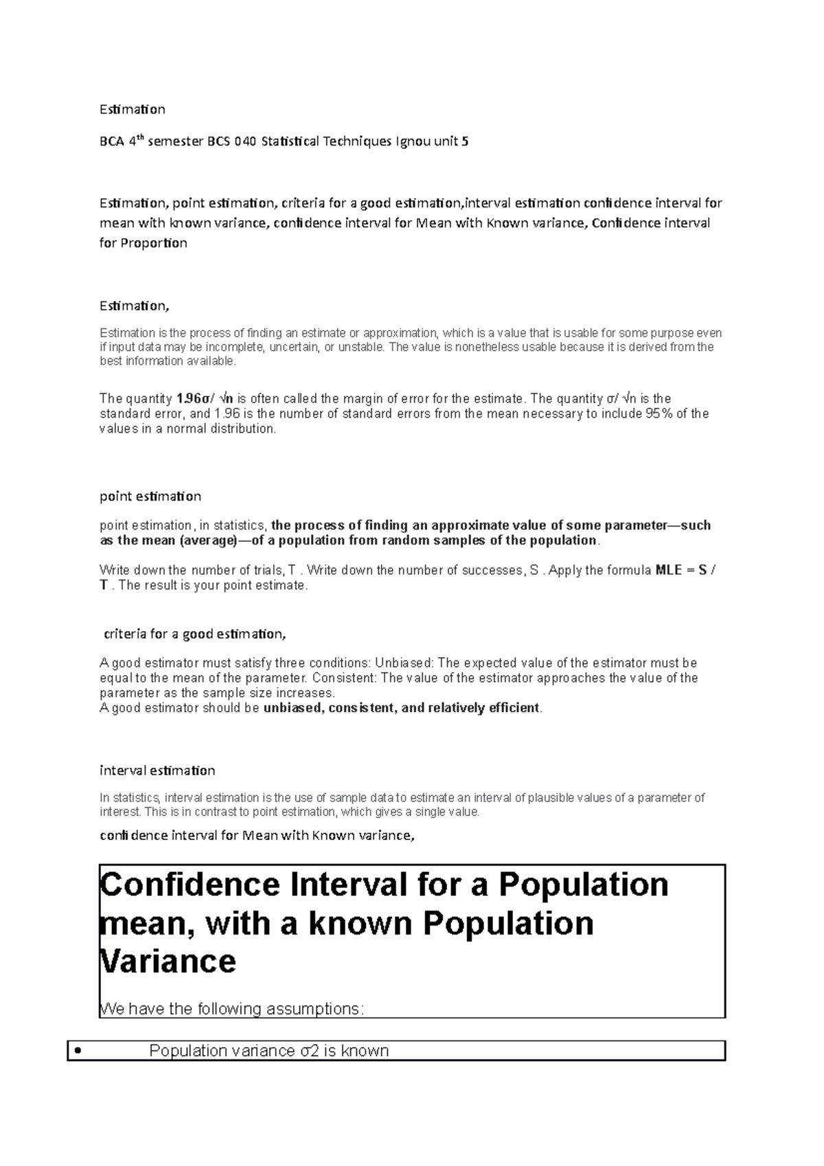 Estimation - Estimation BCA 4th semester BCS 040 Statistical Techniques Ignou unit 5 Estimation ...