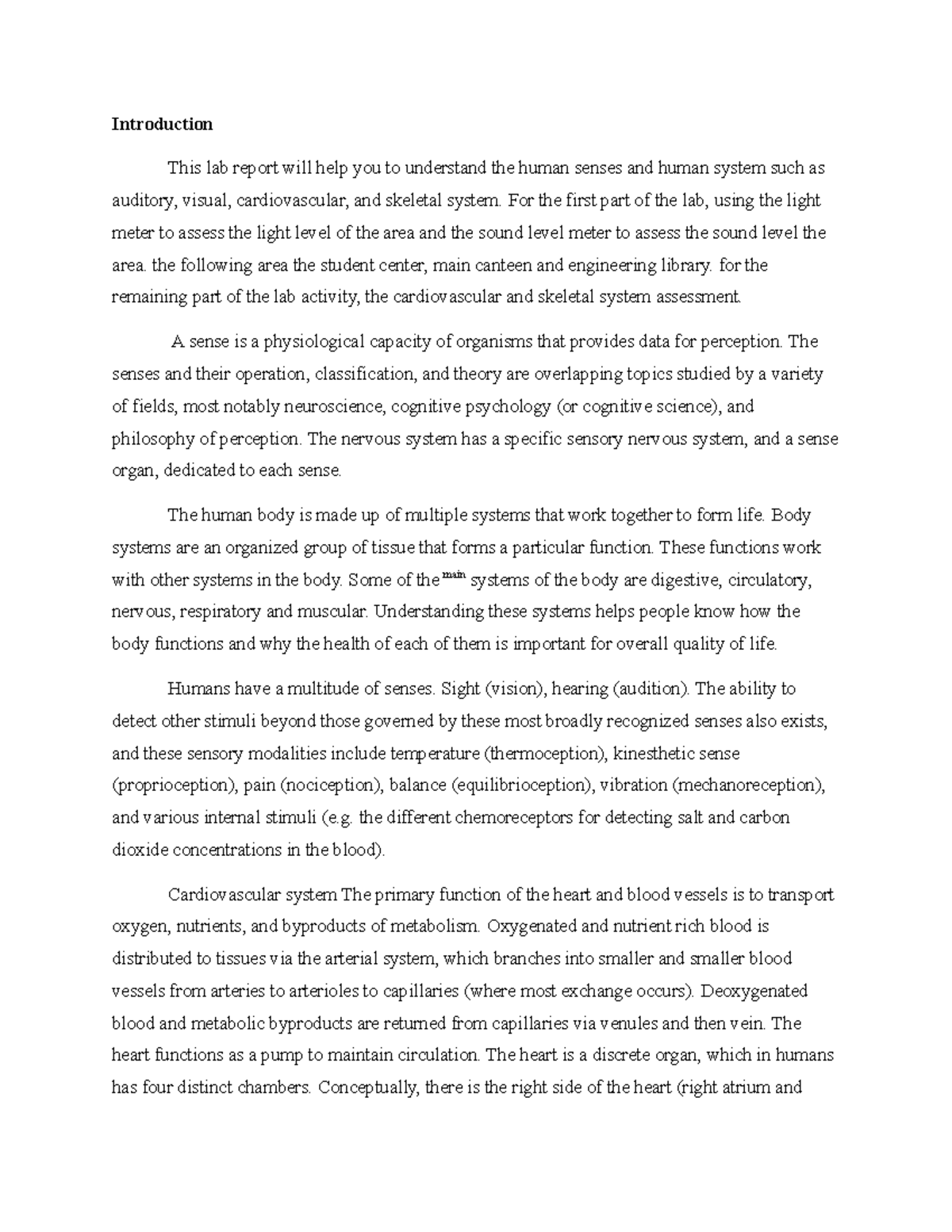 Human Senses AND System anatomy - Introduction This lab report will ...