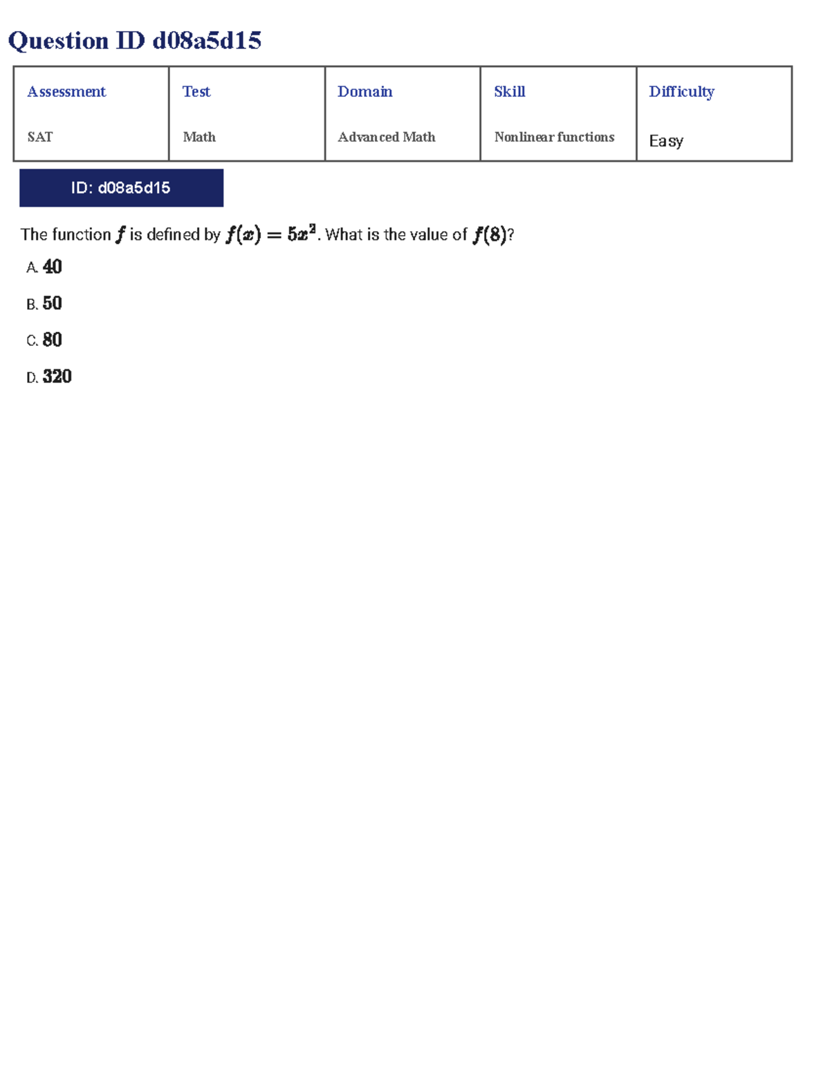 Dsat MATH - .-. - Question ID d08a5d ID: d08a5d The function is defined ...