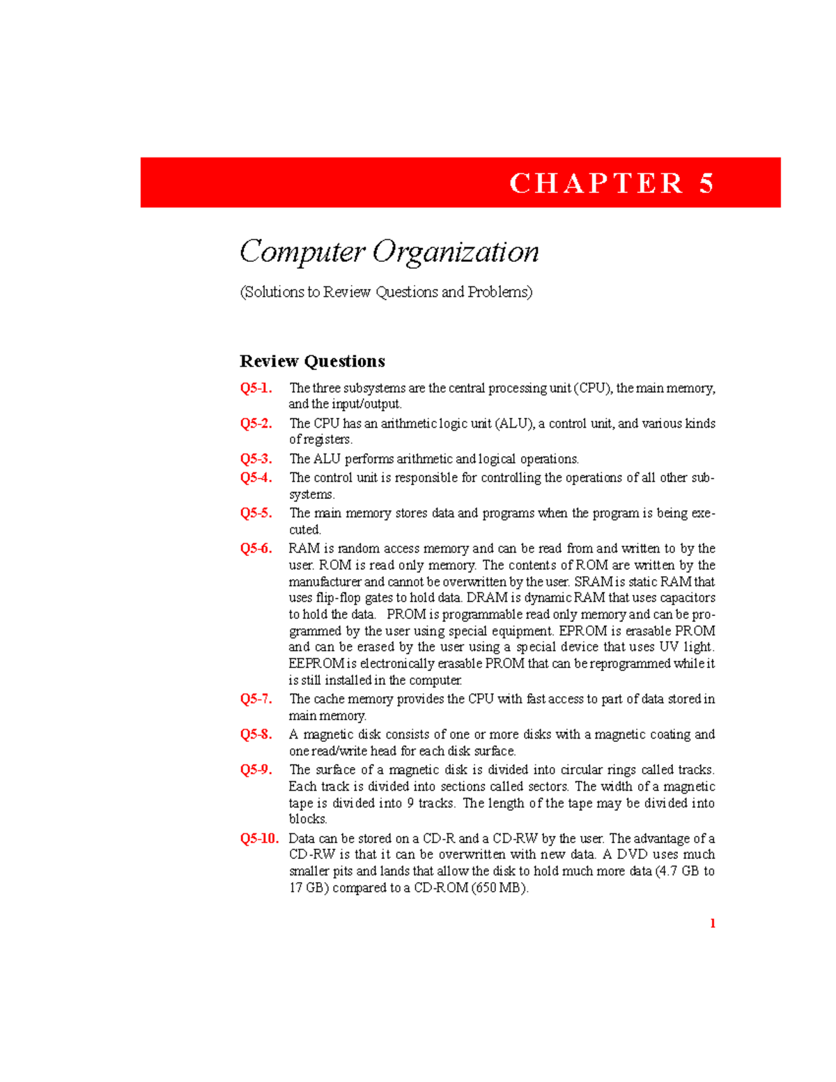 Chapter - TEXTBOOK SOLUTIONS - 1 C H A P T E R 5 Computer Organization ...