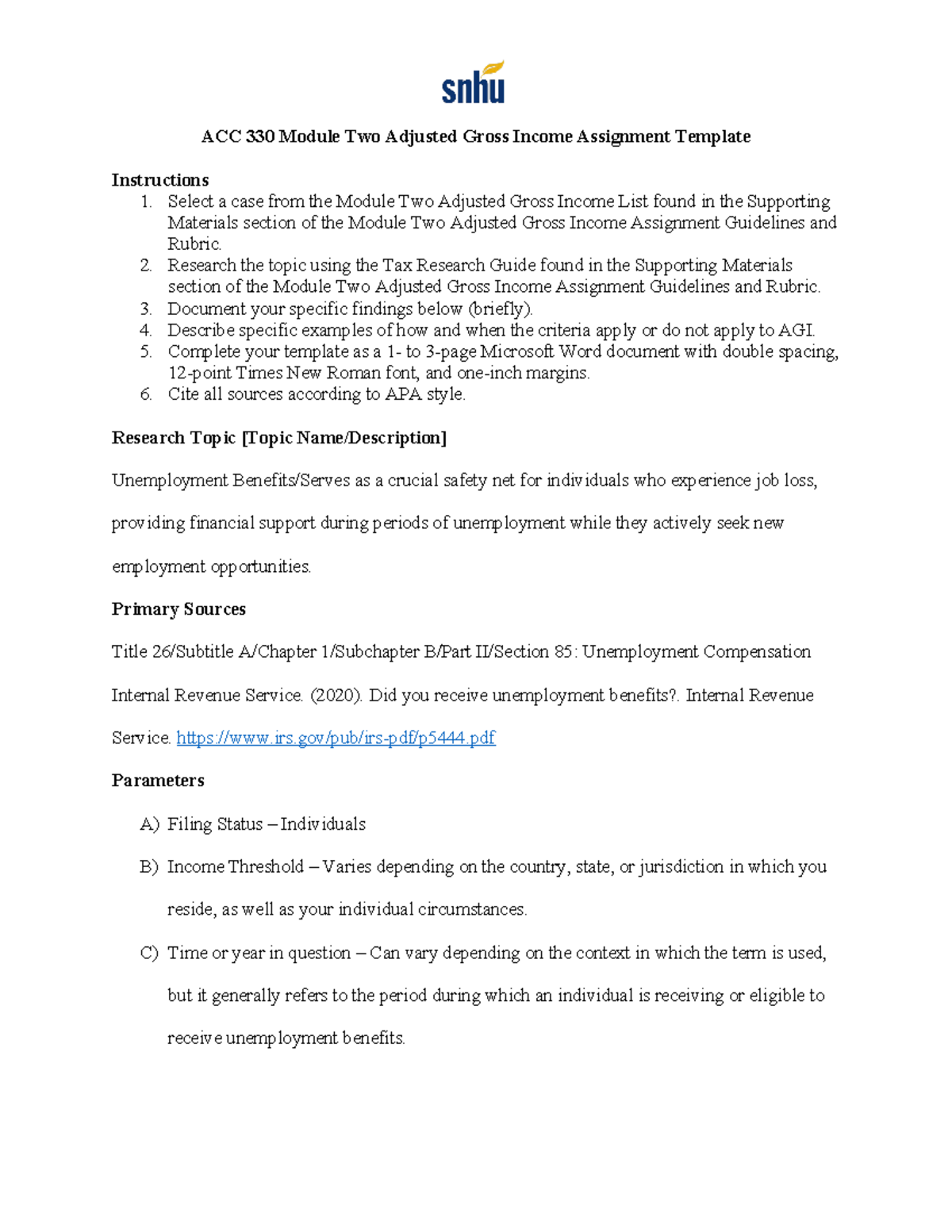 ACC 330 Module Two Adjusted Gross Income Assignment Template - Research ...