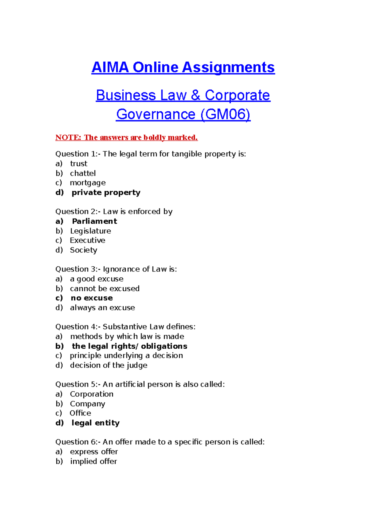 Blaw&claw MCQ - AIMA Online Assignments Business Law & Corporate ...