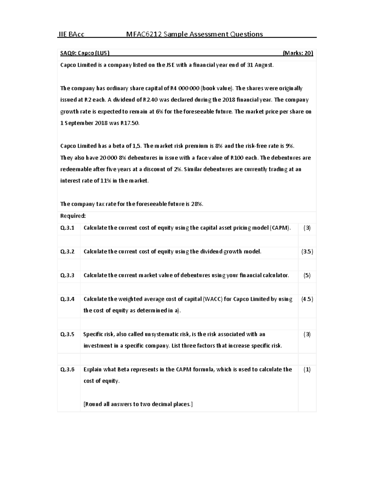 SAQ - Capco (LU5) - Test 2 - IIE BAcc MFAC6212 Sample Assessment ...