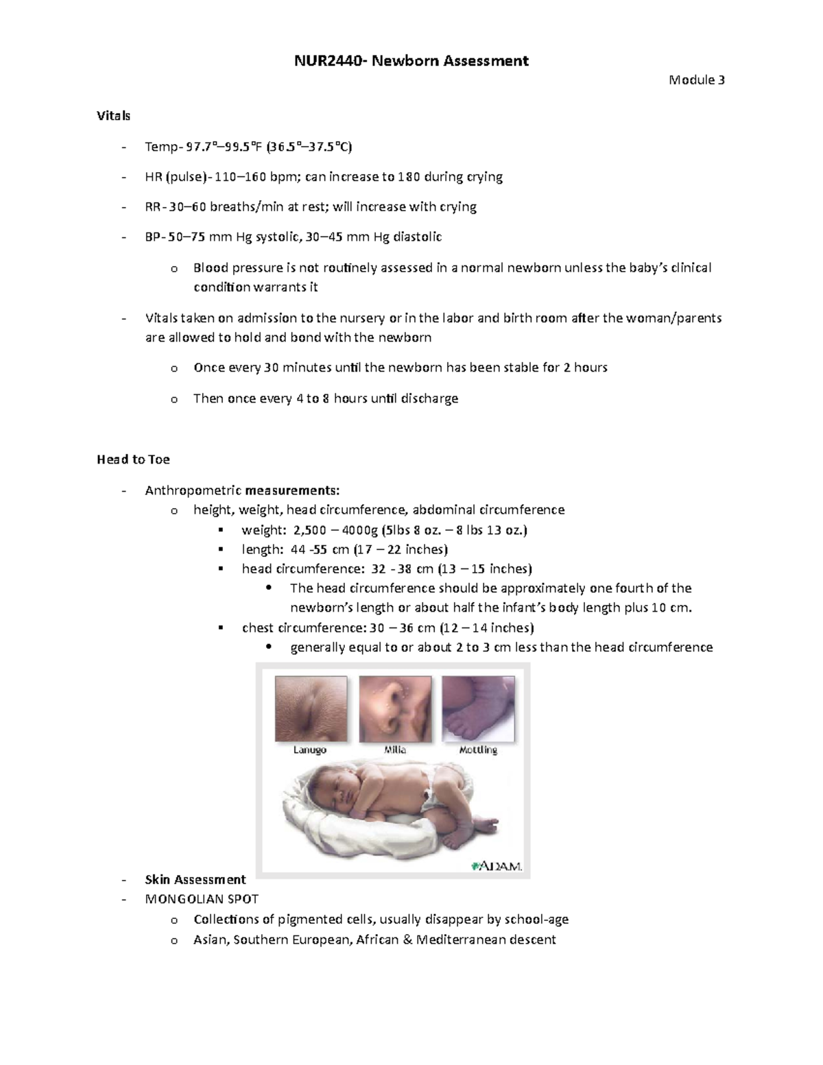 Newborn Assessment Notes - Module 3 Vitals Temp- 97°–99°F (36°–37°C) HR ...