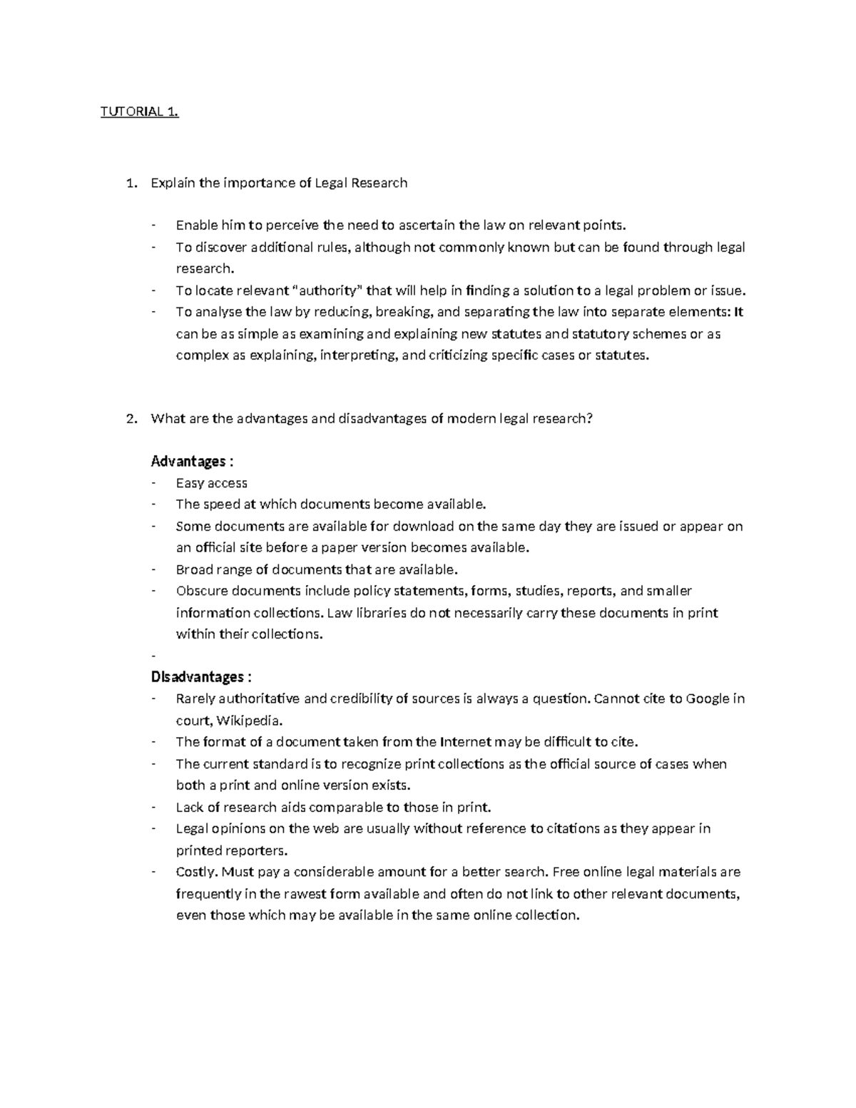 Tutorial 1 (Legal Research) - TUTORIAL 1. Explain the importance of ...