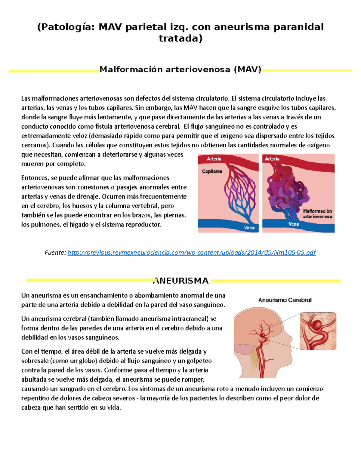Patologías pacientes - Resumen malformacion arteriovenosa y aneurisma ...