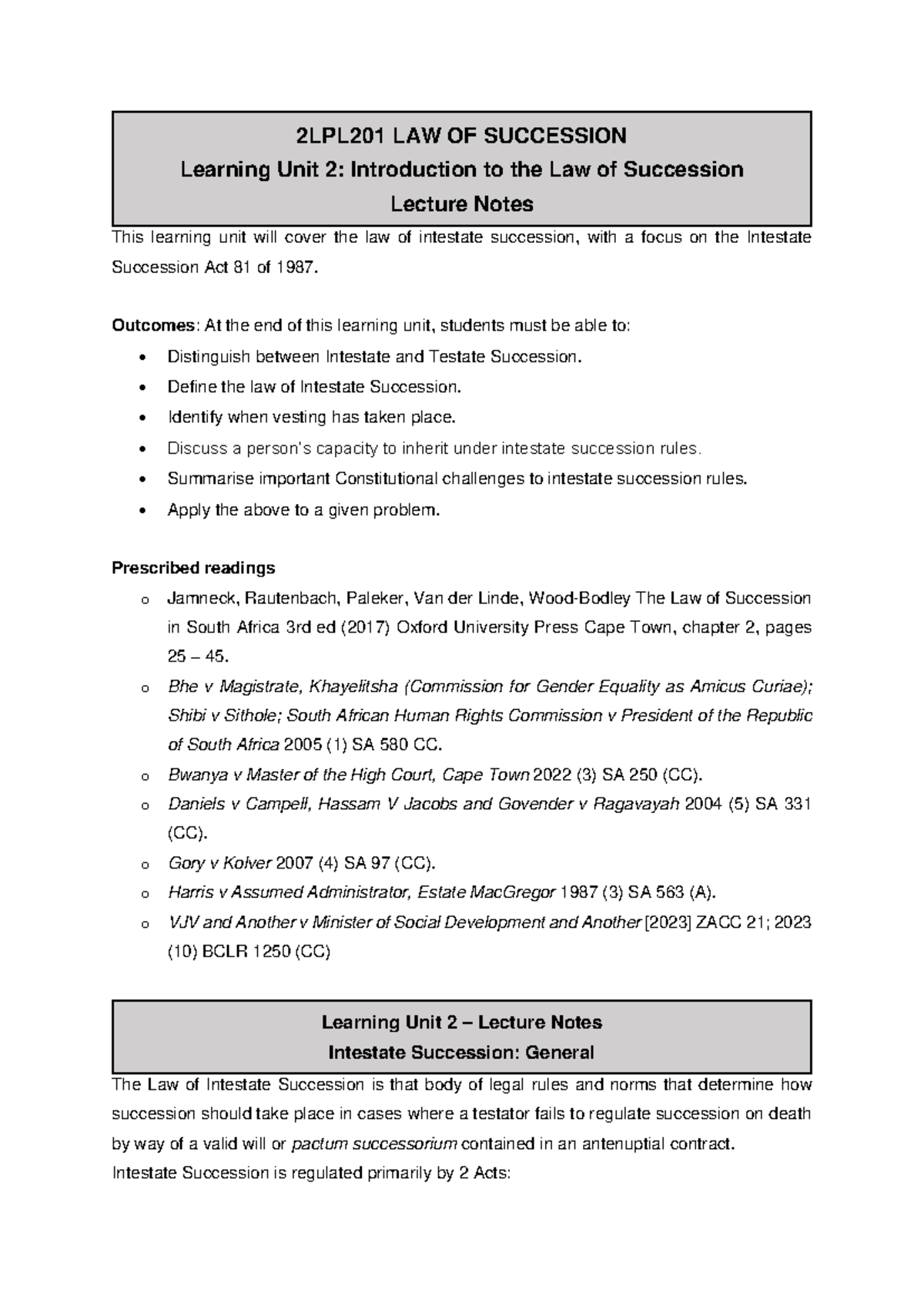 2LPL201 Learning Unit 2 - Lecture Notes - 2LPL201 LAW OF SUCCESSION ...