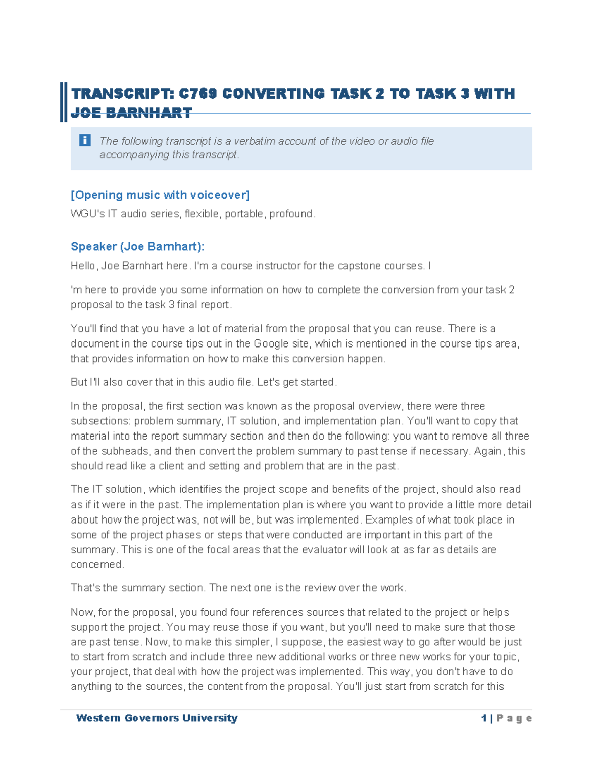 Converting Task 2to Task 3 - TRANSCRIPT: C769 CONVERTING TASK 2 TO TASK 3 WITH JOE BARNHART The ...