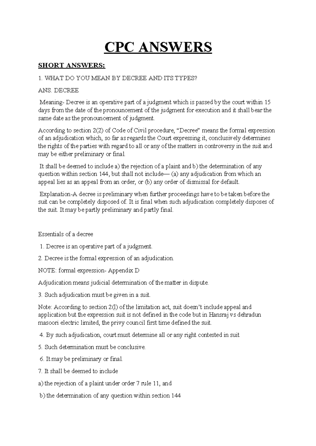 CPC Answers - Summary Civil Procedure Code & Limitation Act - CPC ANSWERS SHORT ANSWERS: 1. WHAT ...