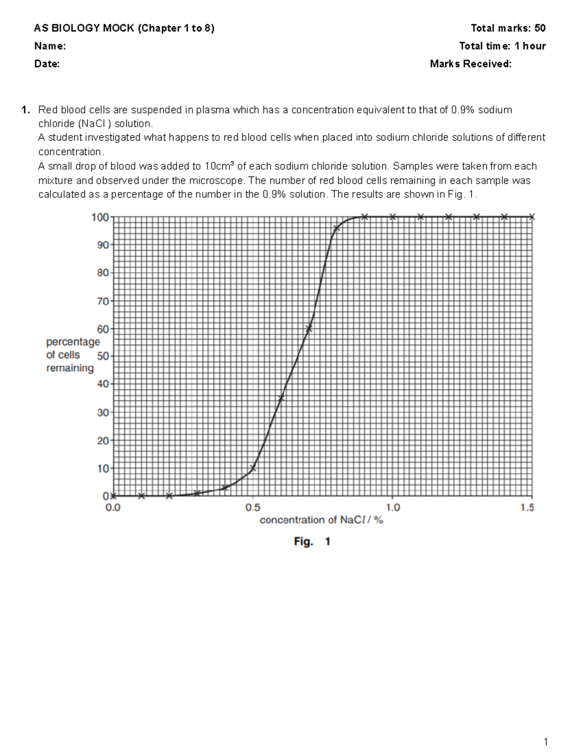 AS Biology P2 Mock 1 Chapters 1 to 8 - AS BIOLOGY MOCK (Chapter 1 to 8 ...