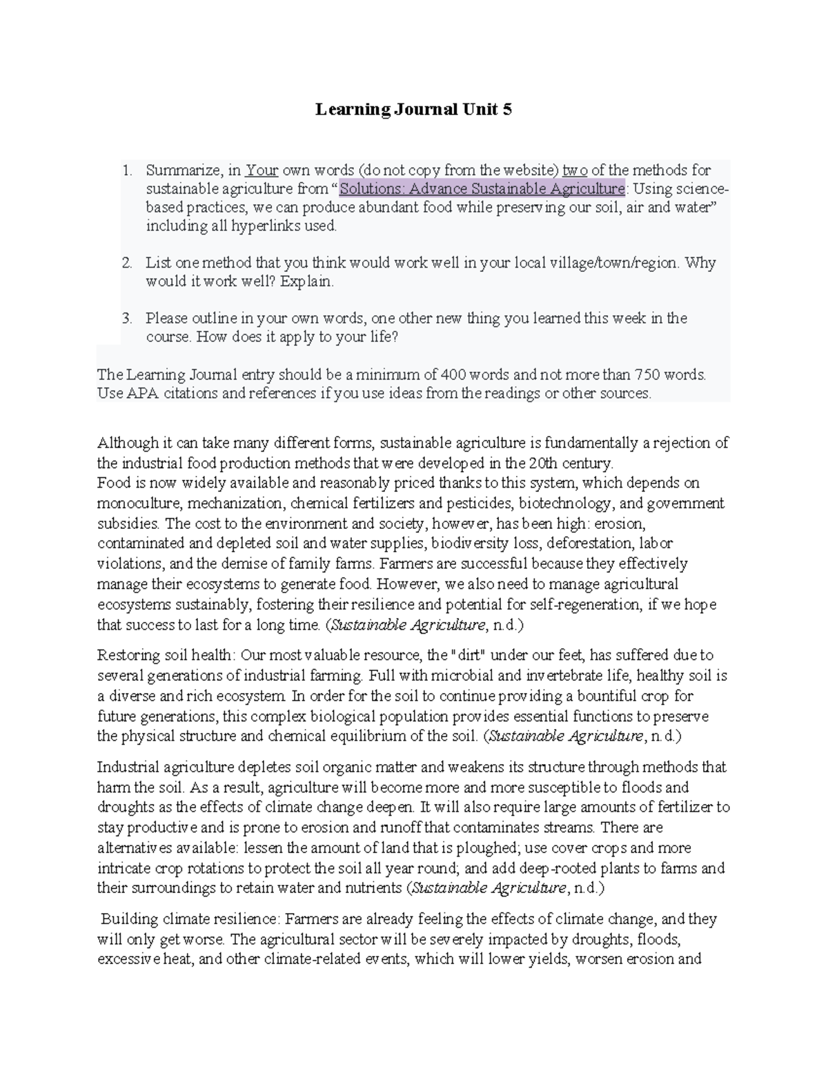 Learning Journal Unit 5 - List one method that you think would work ...