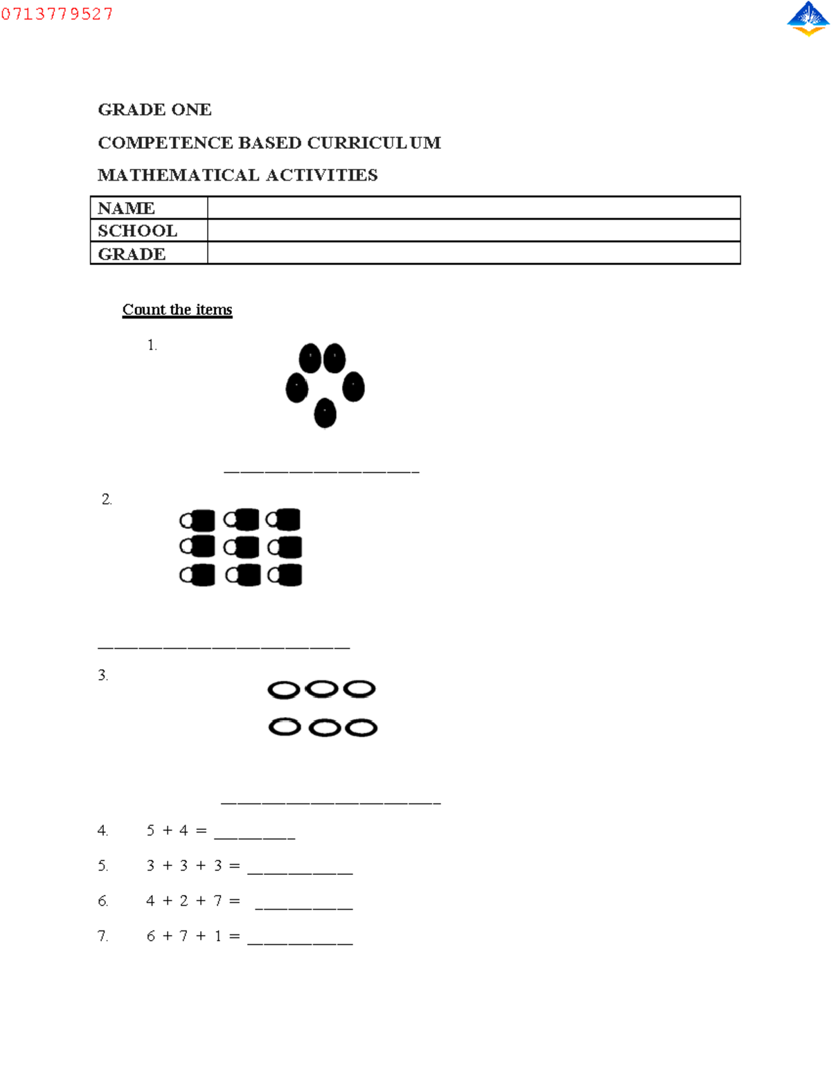 Grade 1 mathematical activities - GRADE ONE COMPETENCE BASED CURRICULUM ...