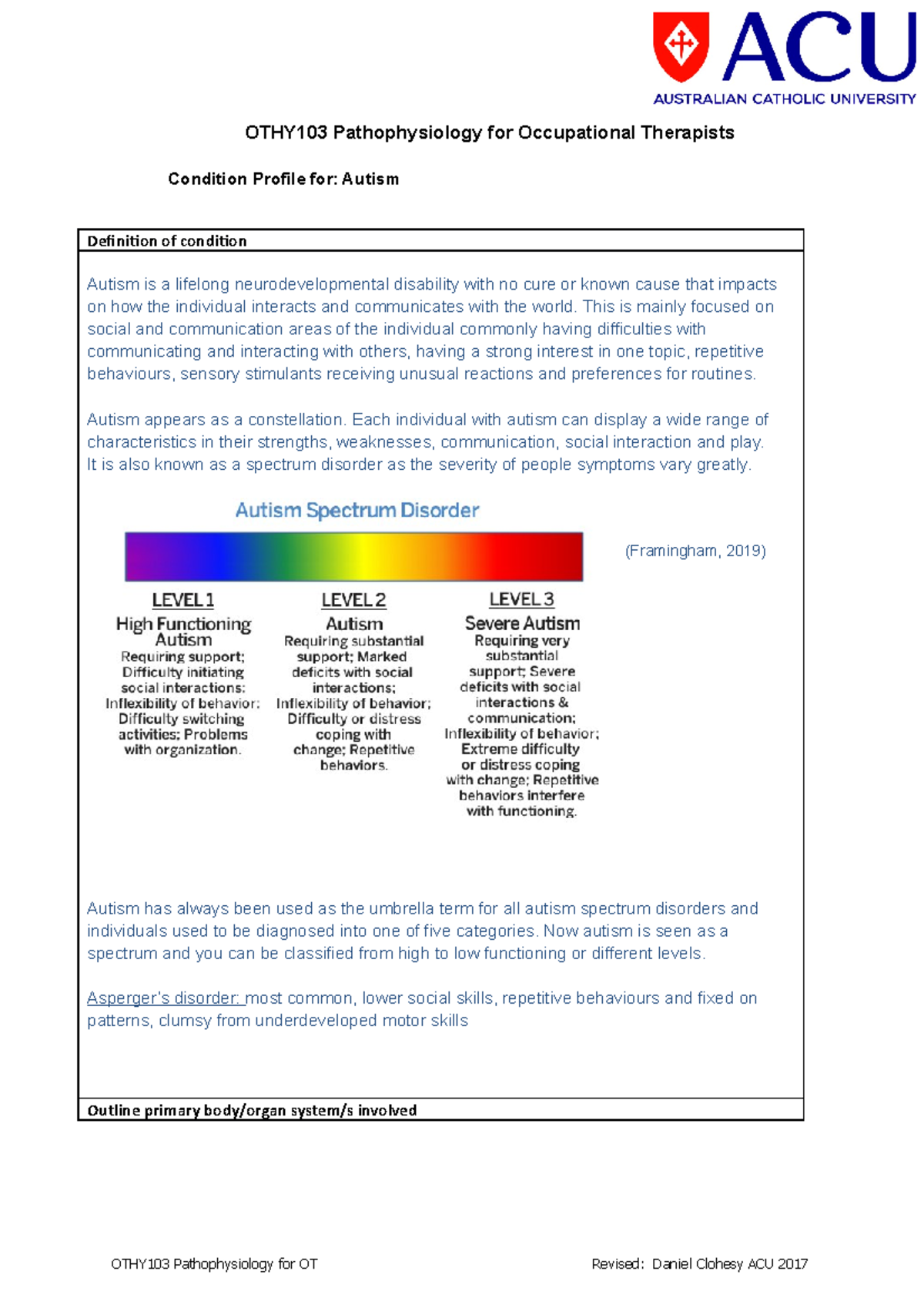 OTHY103 CONDITION PROFILE - AUTISM - OTHY103 Pathophysiology for ...