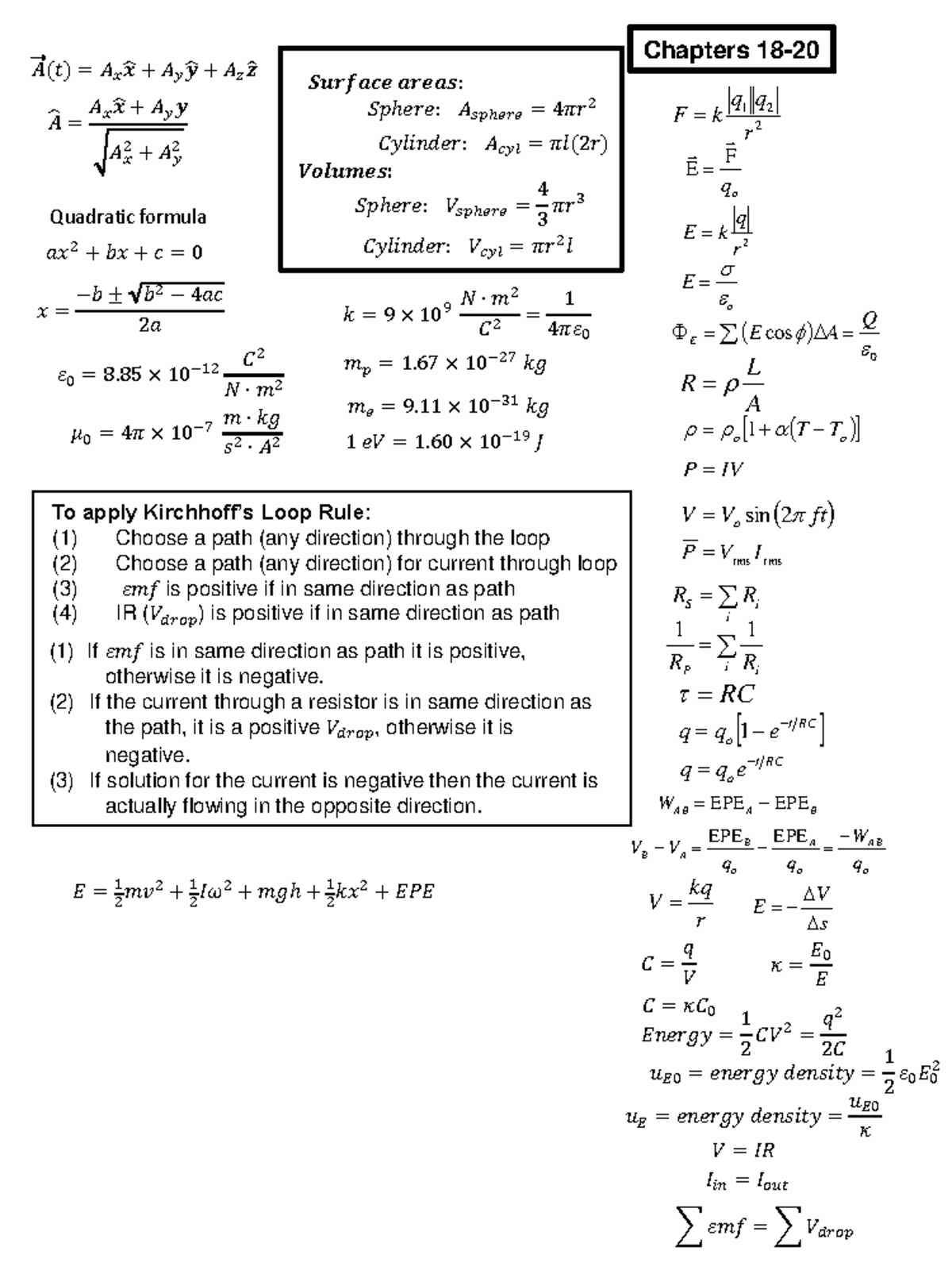 Exam Equations (1420 SPR23) - 2 1 2 r q q F =k qo F E = 2 r q E =k ...