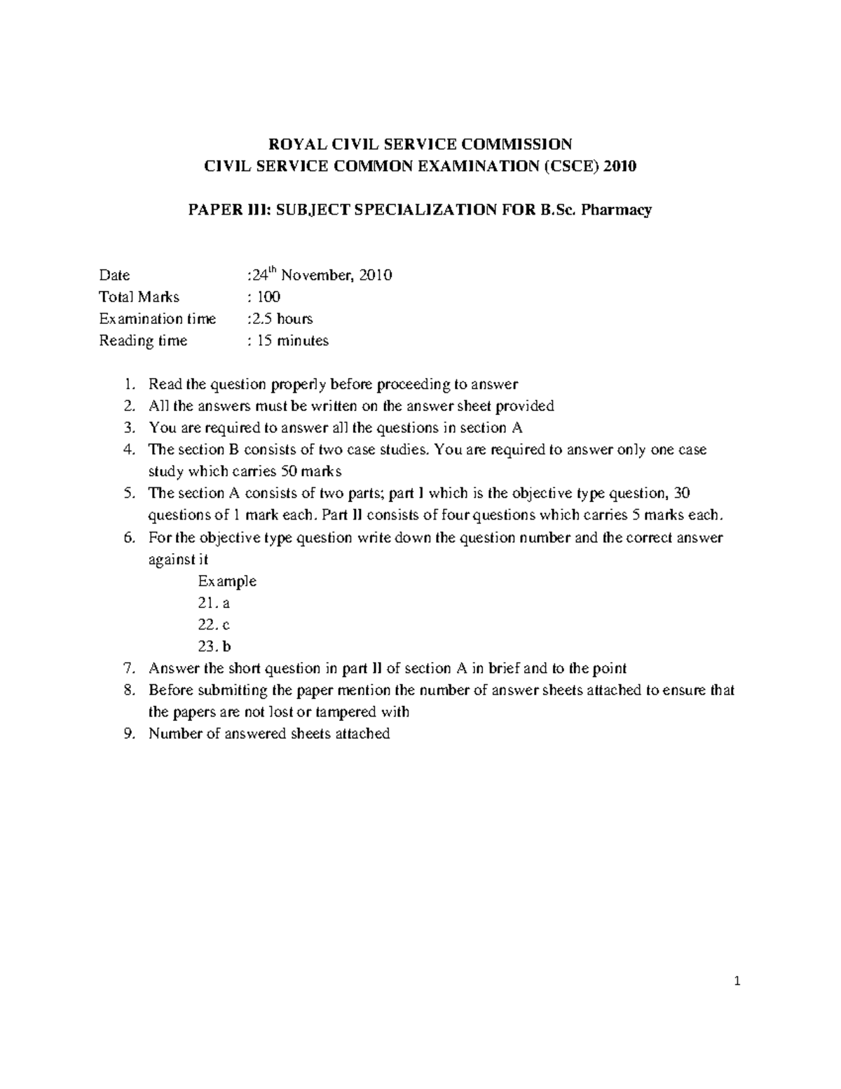 Pharmacy paper III 2010 - ROYAL CIVIL SERVICE COMMISSION CIVIL SERVICE ...