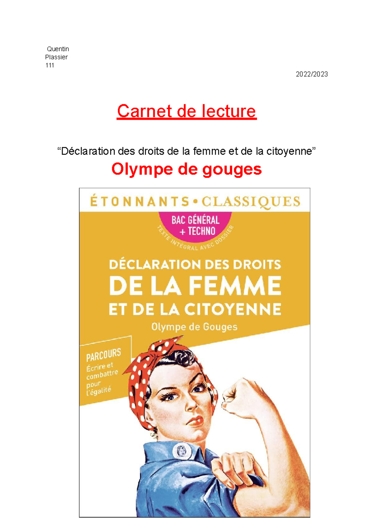 Olympe de gouge - Quentin Plassier 111 2022/ Carnet de lecture ...