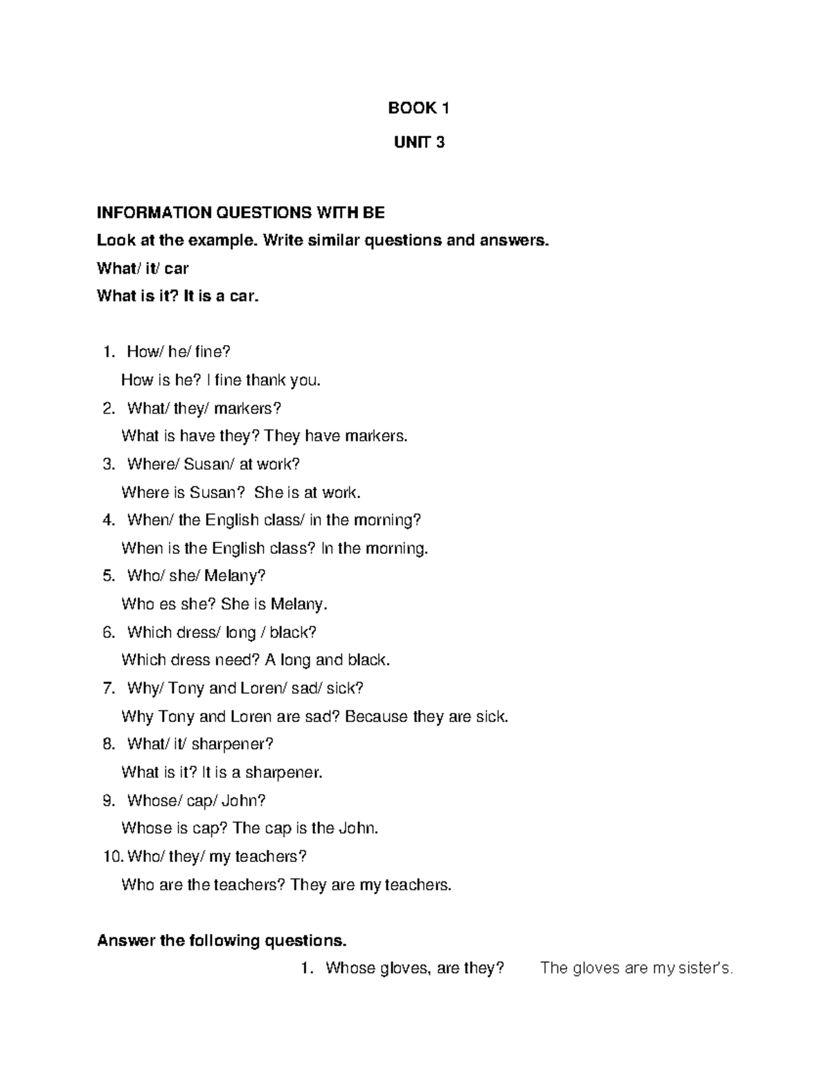 UNIT 3 BOOK 1 - ingles actividades - BOOK 1 UNIT 3 INFORMATION ...