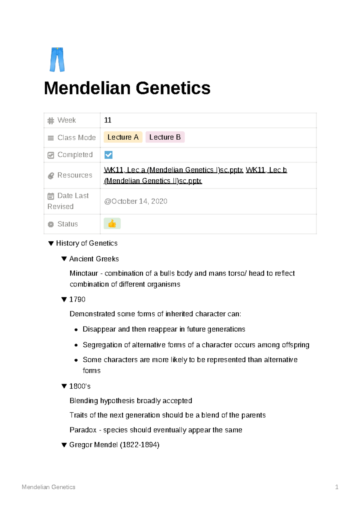Mendelian Genetics - Lecture notes - 👖 Mendelian Genetics Week 11 Class ...