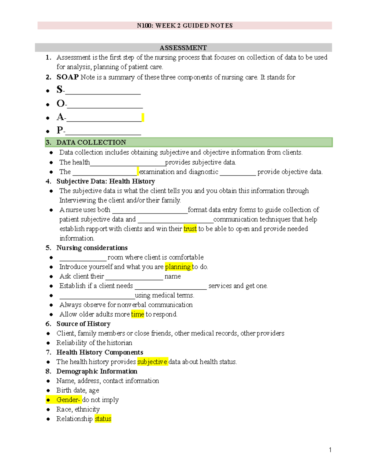 N100 Week 2 Guide Notes - ASSESSMENT Assessment is the first step of ...