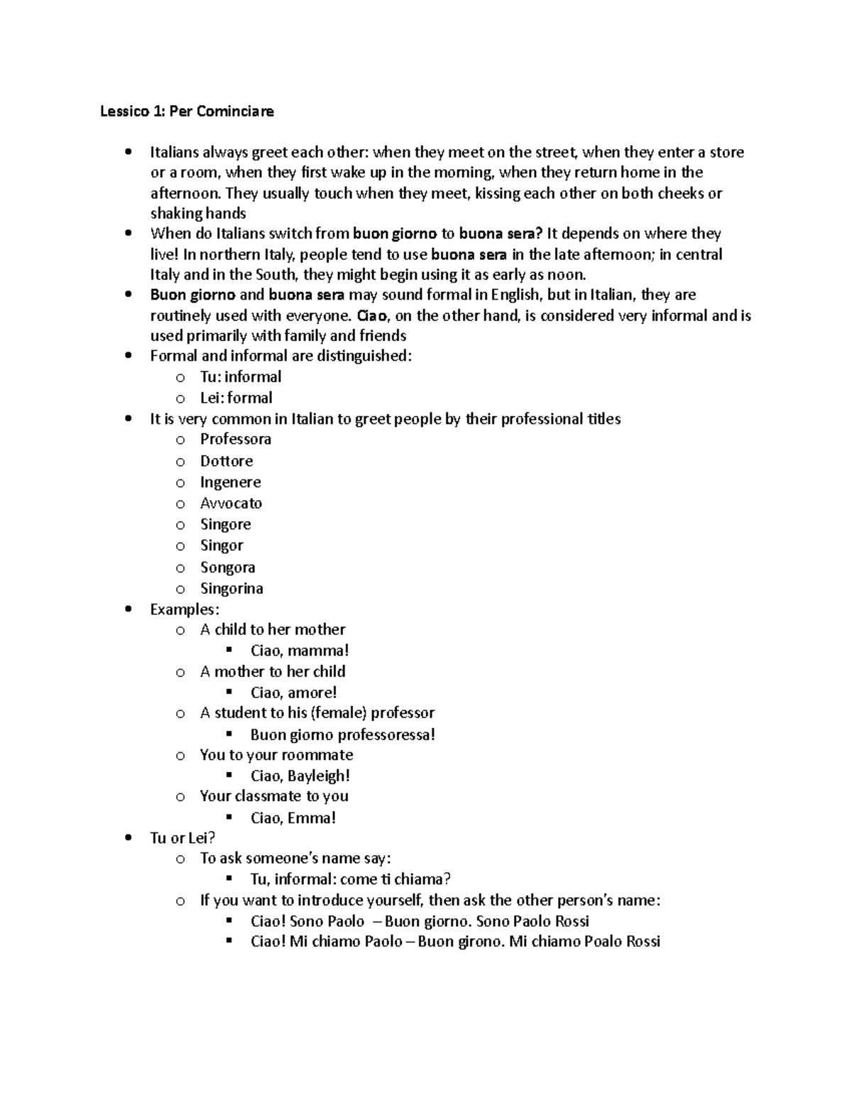 Lessico 1 Study Guide - Summary Avanti: Beginning Italian - Lessico 1: Per Cominciare Italians ...