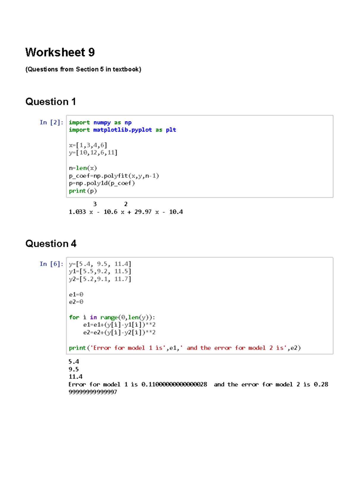 Worksheet 9 Memo - Worksheet 9 (Questions from Section 5 in textbook ...
