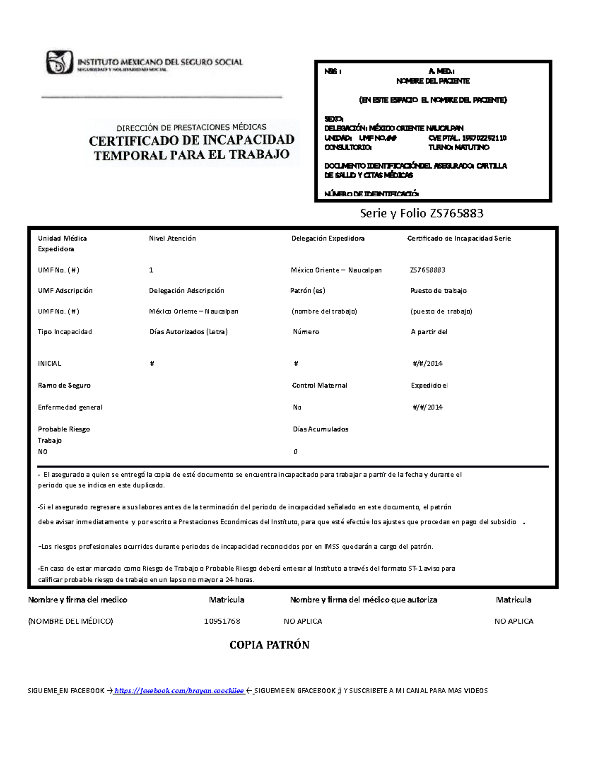 Incapacidad seguro médico i m s s para practicar - Serie y Folio ZS ...