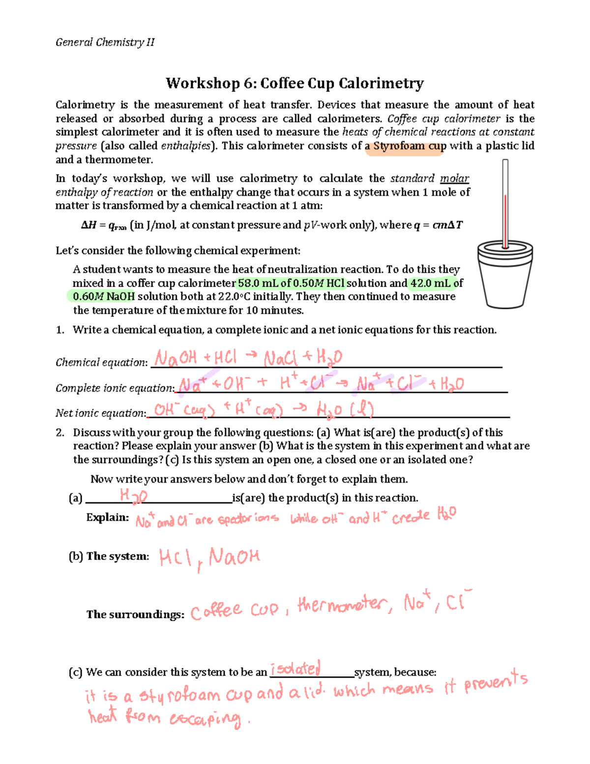 Chem106 rec workshops 6 - General Chemistry II Workshop 6 : Coffee Cup ...
