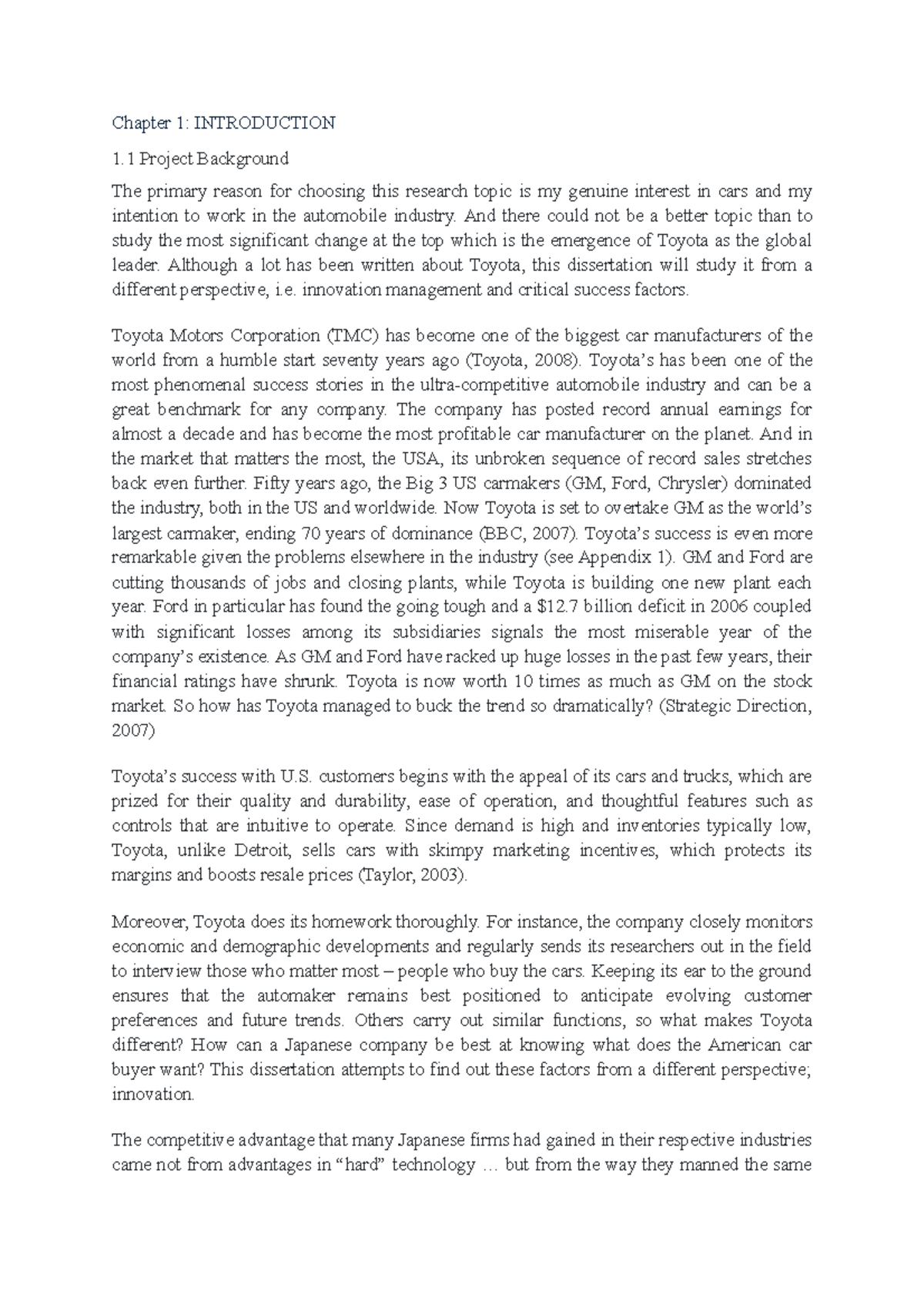Toyota Dissertation - Chapter 1: INTRODUCTION 1 Project Background The ...