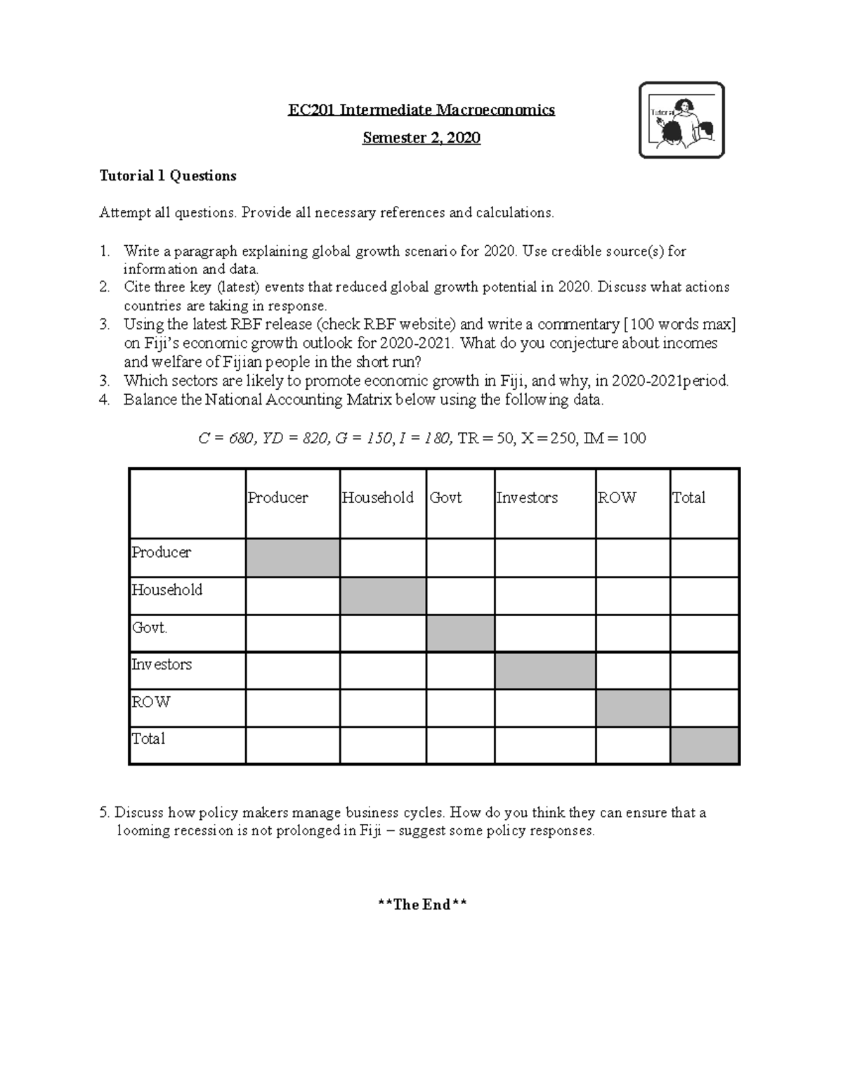 Tutorial 1 Questions EC201 - EC201 Intermediate Macroeconomics Semester 2, 2020 Tutorial 1 ...
