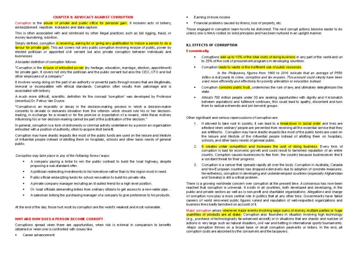 CH9-Governance - Reviewer - CHAPTER 9: ADVOCACY AGAINST CORRUPTION Corruption is the abuse of ...