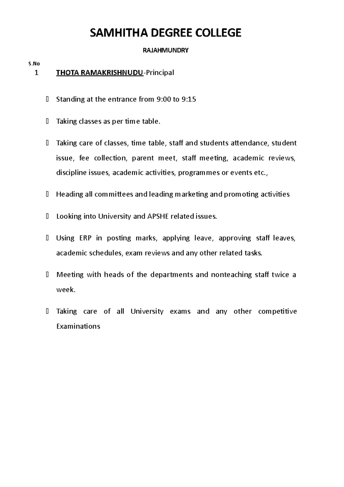 Teaching Staff Roles AND Responsibilities 01-11-2022 - SAMHITHA DEGREE ...