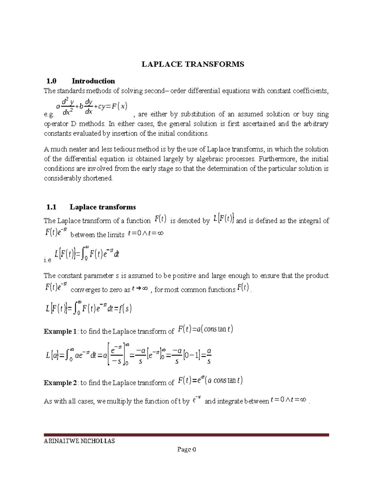 MTH3201 DEII- Laplace Transforms - LAPLACE TRANSFORMS 1 Introduction ...